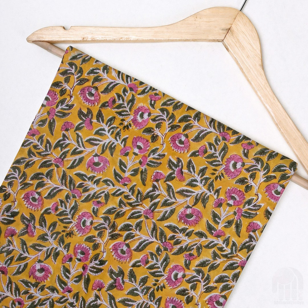 By the Yard Fabric Block Yellow Print Soft Cotton Fabric Hand Printed ...