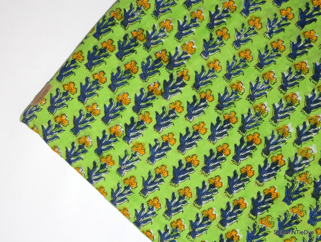 Green Floral Block Print Fabric Cotton Fabric Hand Printed Natural ...
