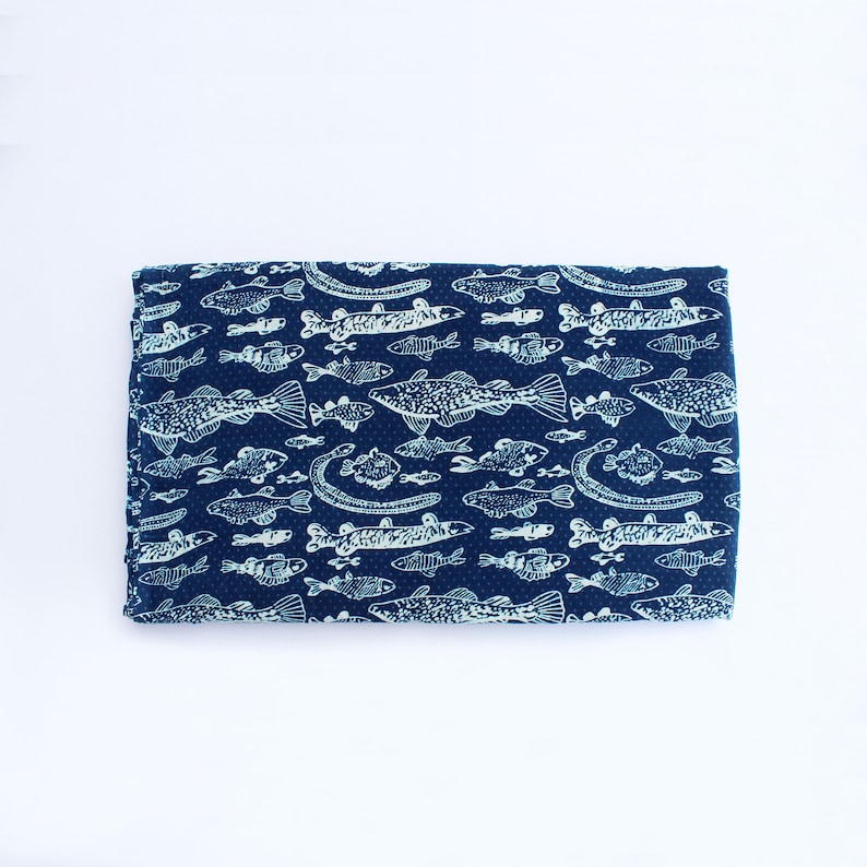 Indigo Fabric Fish Print Cotton Fabric by the Yard Hand Block - Etsy