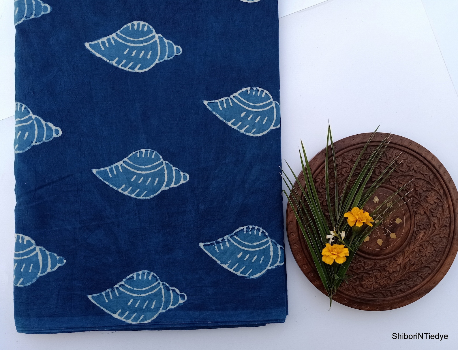 Shell Block Print Fabric Indigo Fabric Hand Printed Indian Fabric Woman ...