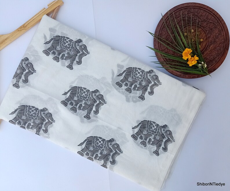 Elephant Print Fabric Block Print Fabric Grey Summer Sewing Fabric Hand ...