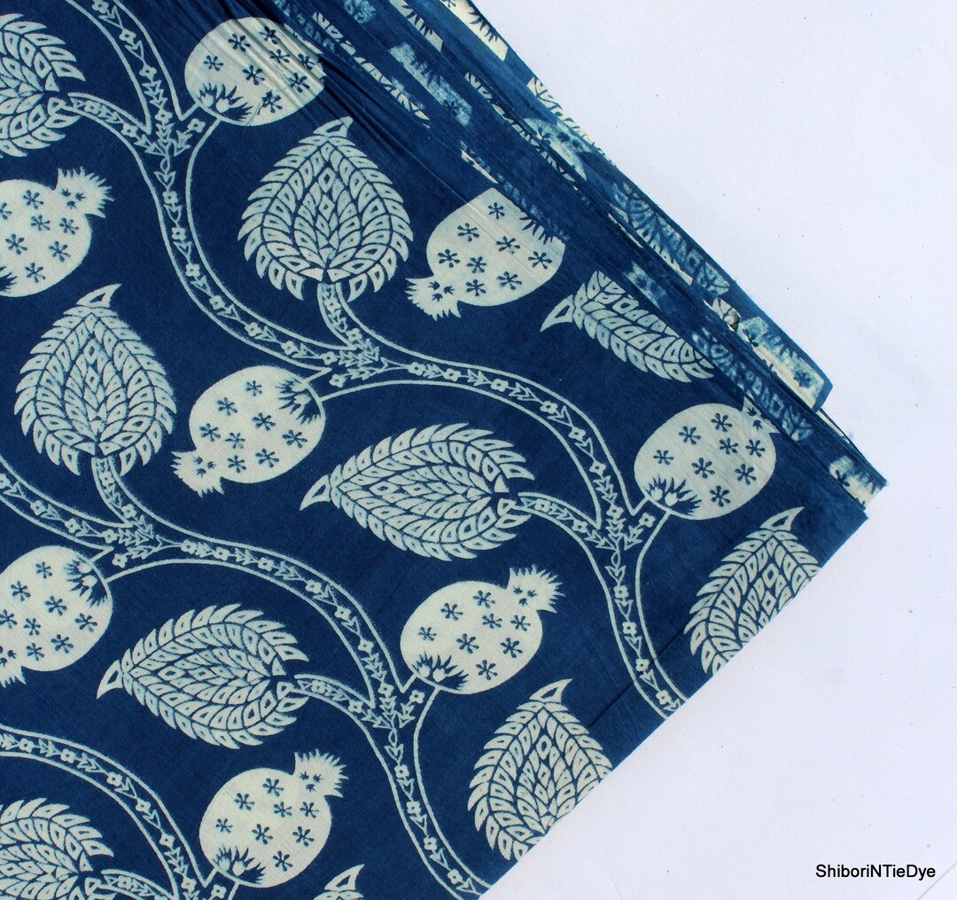 5 Yards Cotton Fabric Indian Dress Fabric, Indigo Blue Dabu Hand Print ...