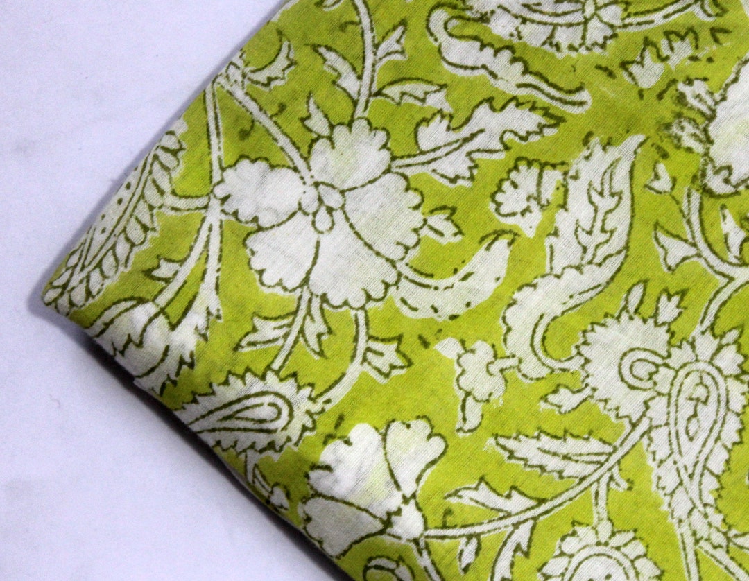 Green Fabric Paisley Print Fabric, Hand Block Printed Natural Vegetable ...