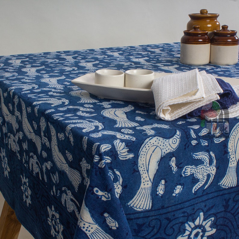 Indigo Fabric Bird Block Print Tablecloth Bird Hand Printed India ...