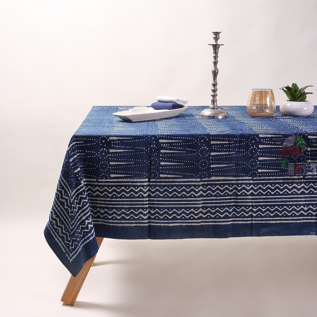 Indigo Dyed Blue Tablecloth, Indian Indigo Dyed Blue Printed Table ...