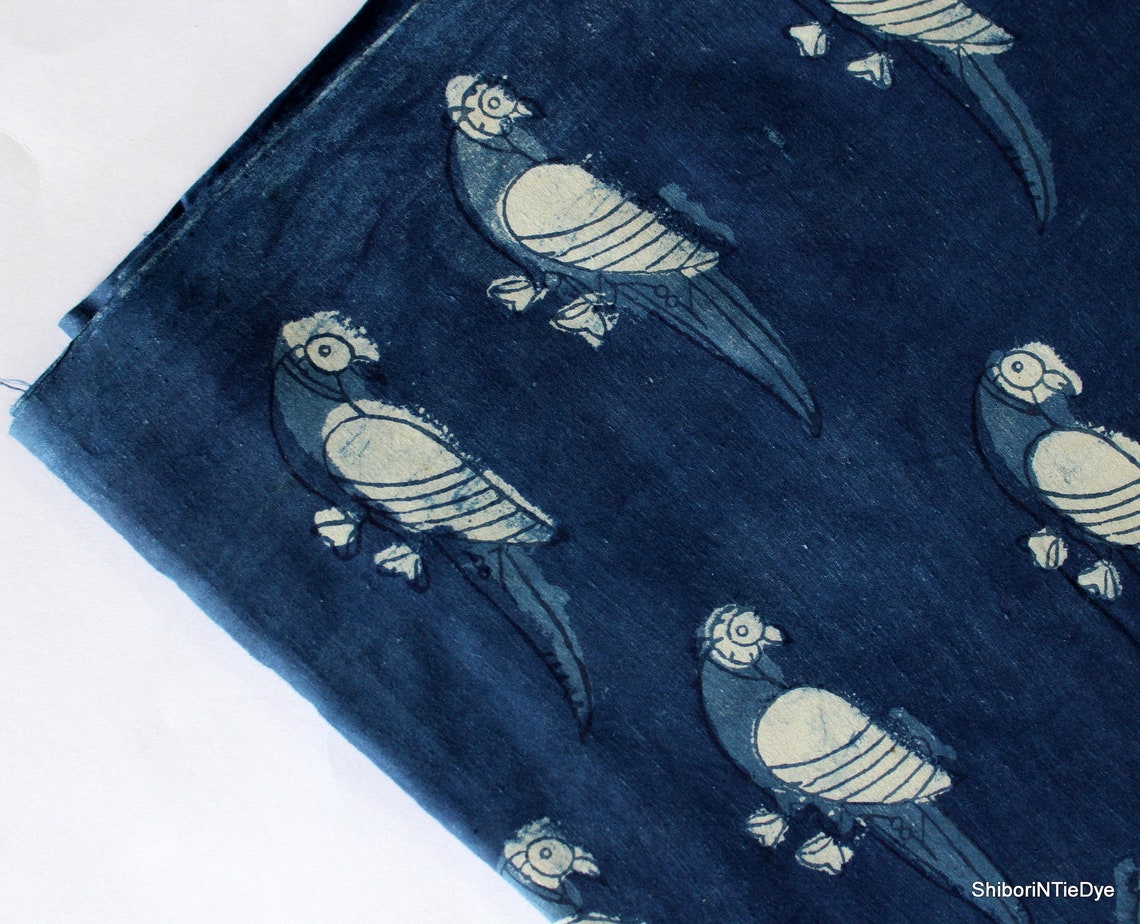 Indigo Bird Print Fabric Cotton Parrot Block Print Fabric, Hand Dyed ...