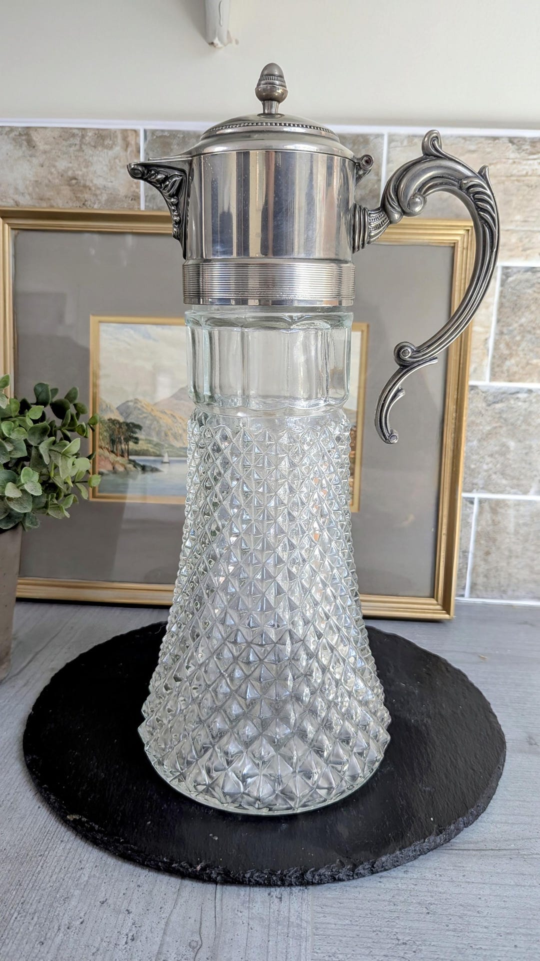 Vintage Glass and Silver Plate Claret Jug – 14.5" Tall – Cut Diamond ...