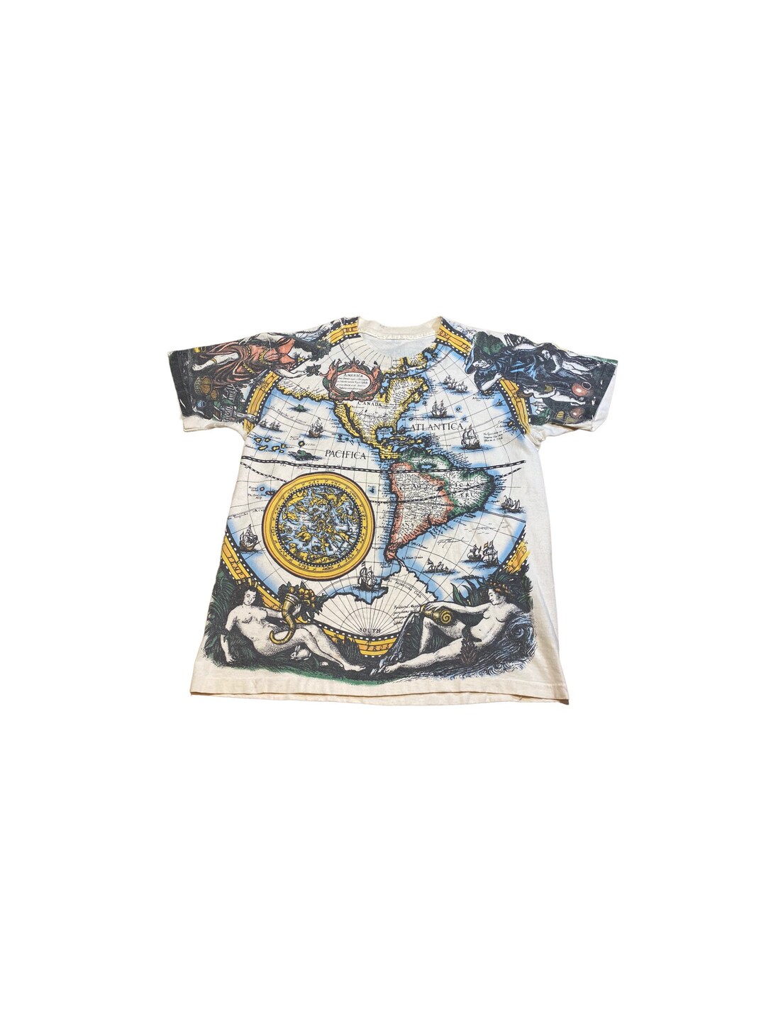 Vintage AOP World Map T-shirt Liquid Blue Astrology Continents ...