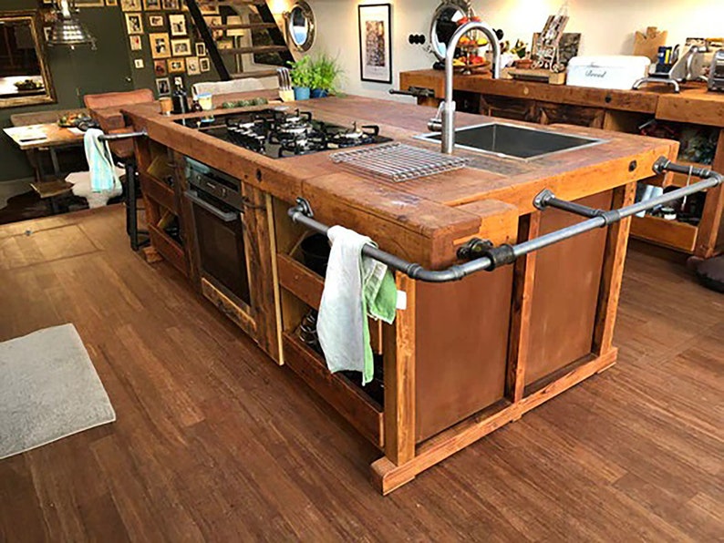 INDUSTRIAL Style Kitchen Island Entirely in Solid Wood - Etsy