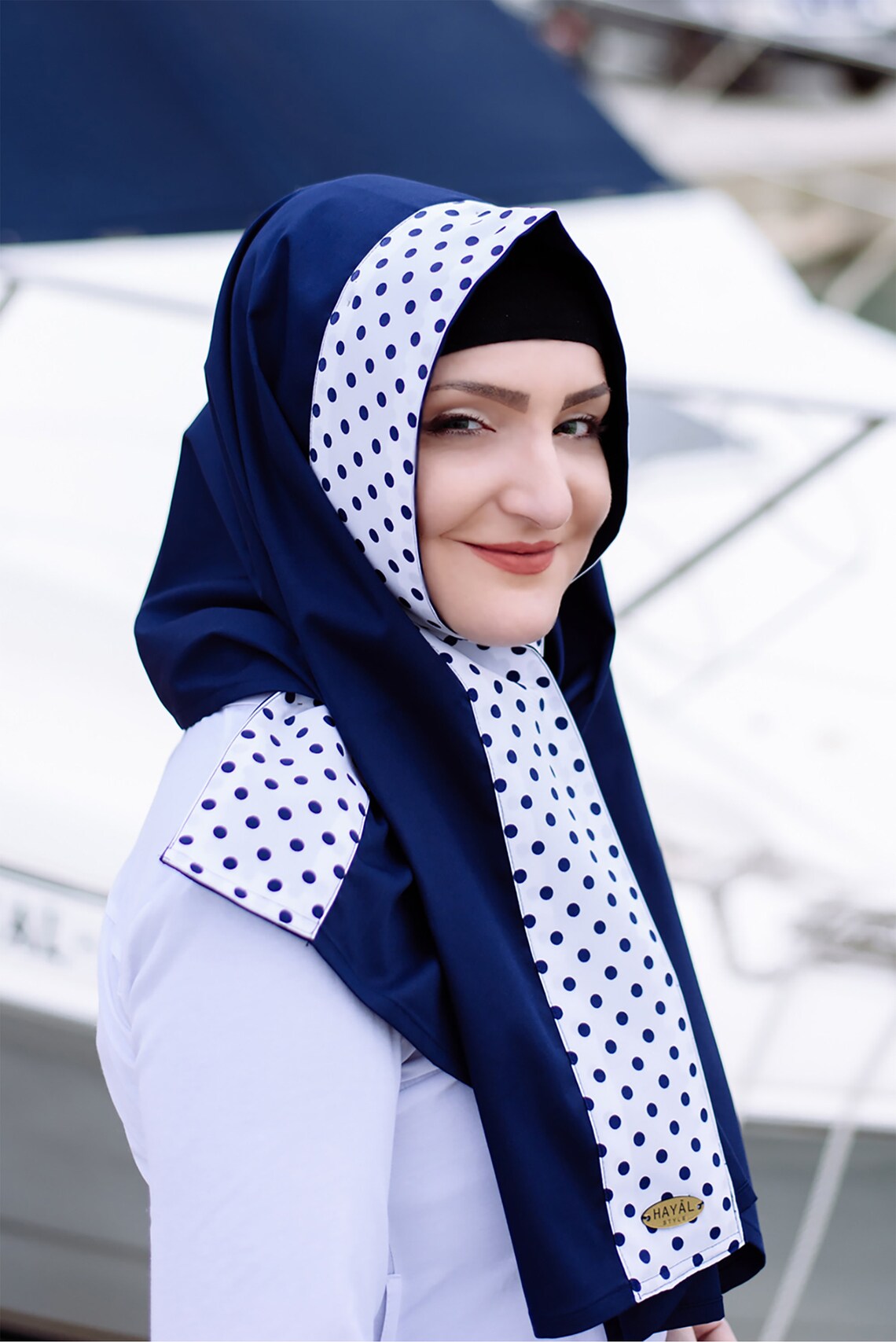 Stylish Navy Blue Hijab With Blue Spots Polka Dot Hijab Ready to Go ...
