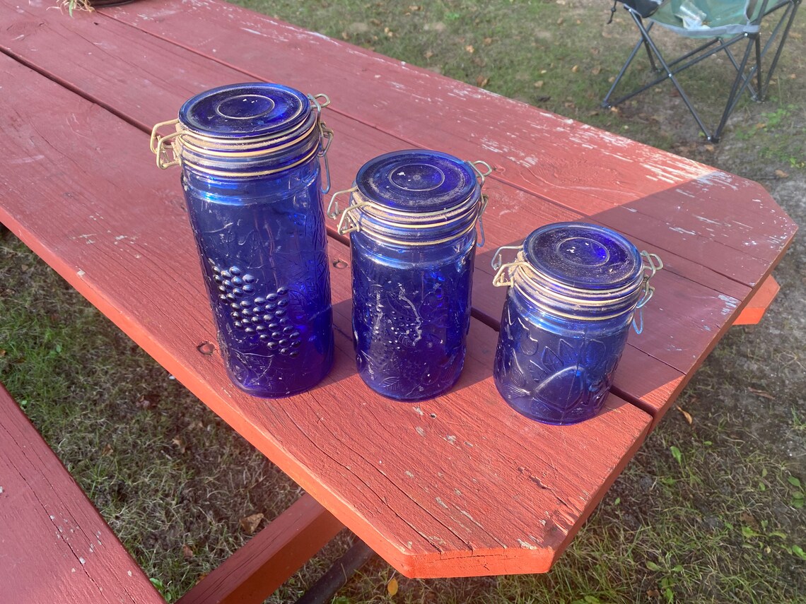 Vintage Cobalt Blue Glass Canisters - Set of 3 - Etsy