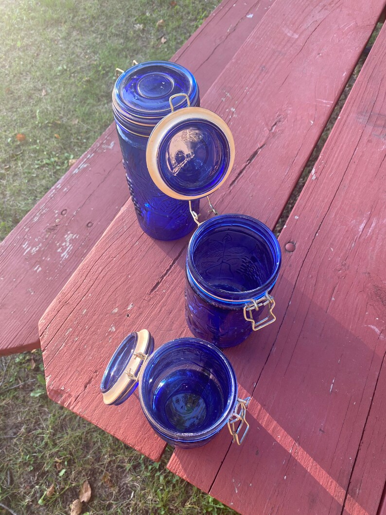 Vintage Cobalt Blue Glass Canisters - Set of 3 - Etsy
