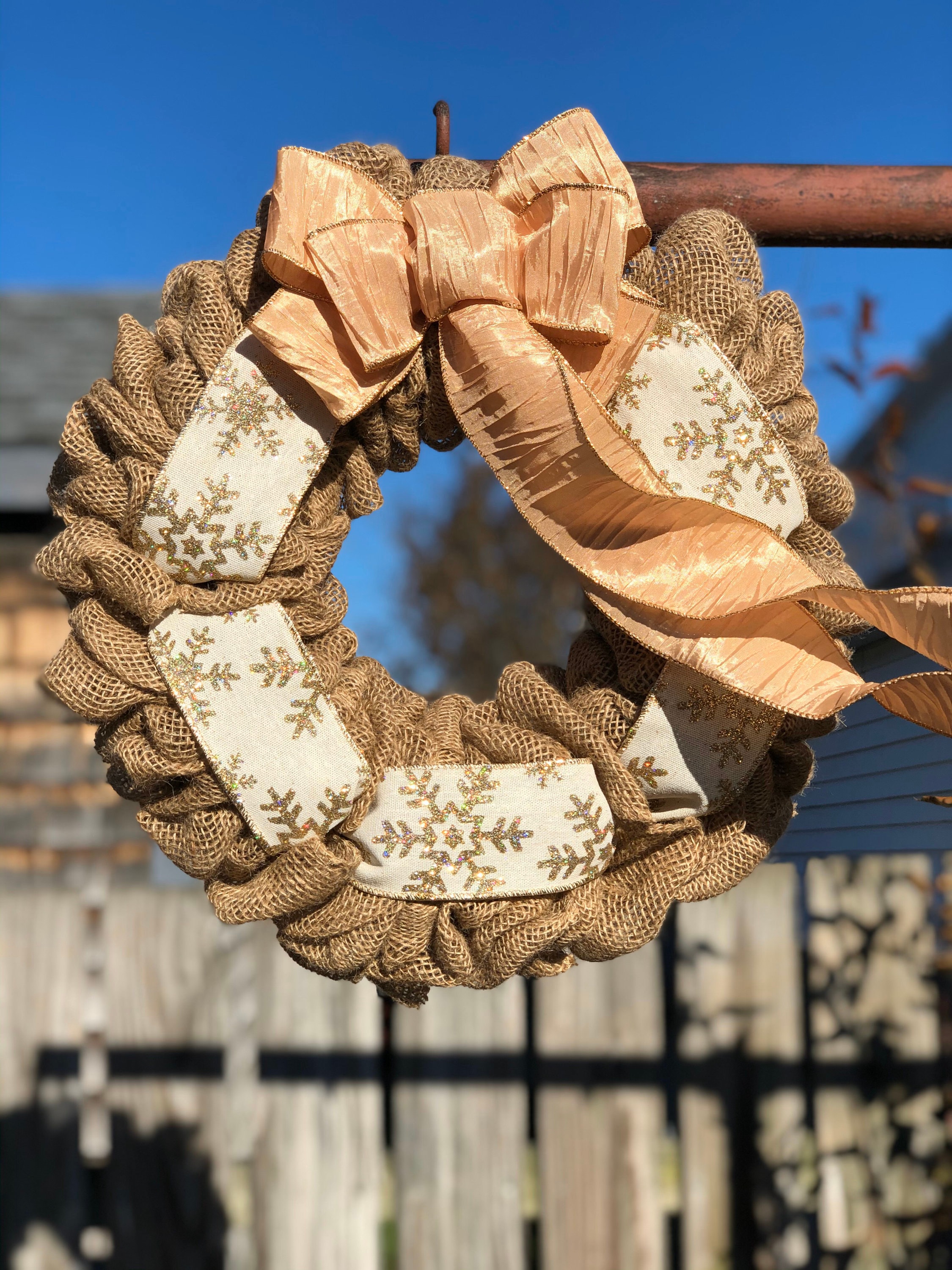 Snowflake Ribbon and Burlap Winter Wreath, Snowflake Wreath for Rustic ...