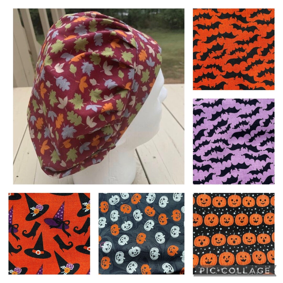 Halloween Bouffant Adjustable Scrub Cap Hat Bats Jack-o-lanterns Witch ...