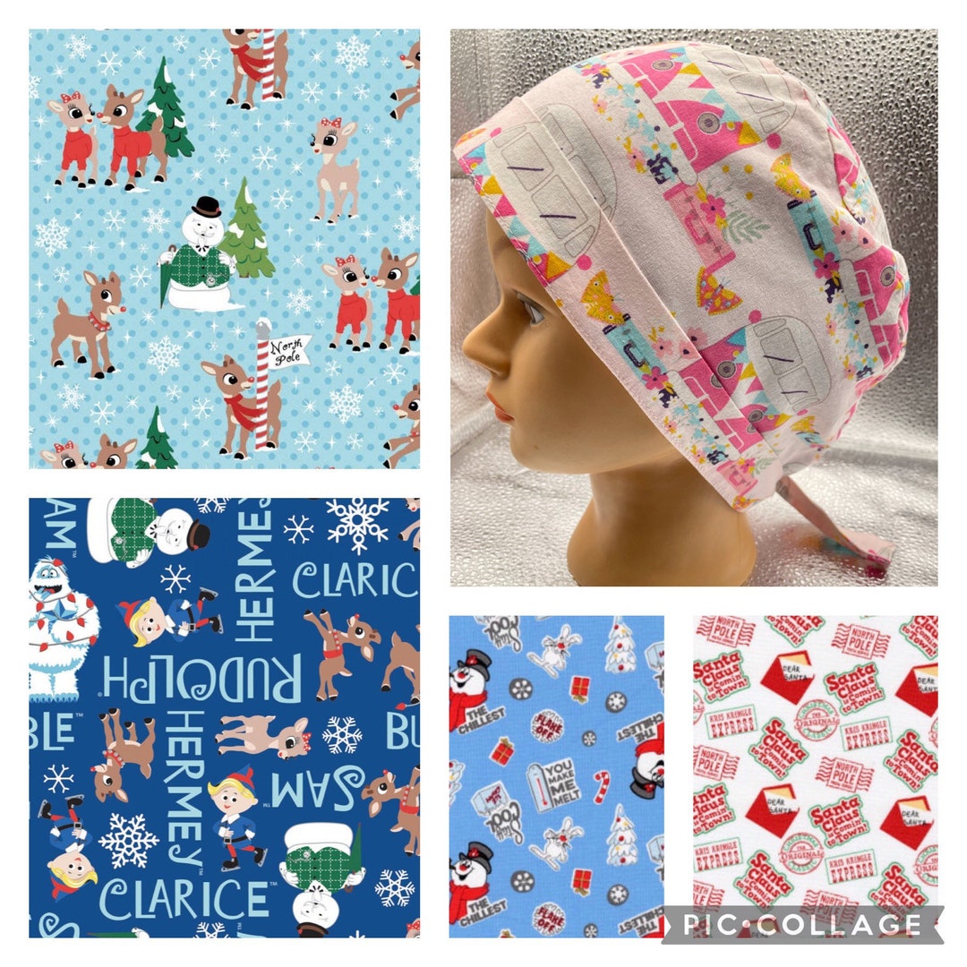 Woman’s Pixie Back Christmas Movie Holiday Scrub Cap Hat Rudolph Santa Claus Frosty Abominable ...