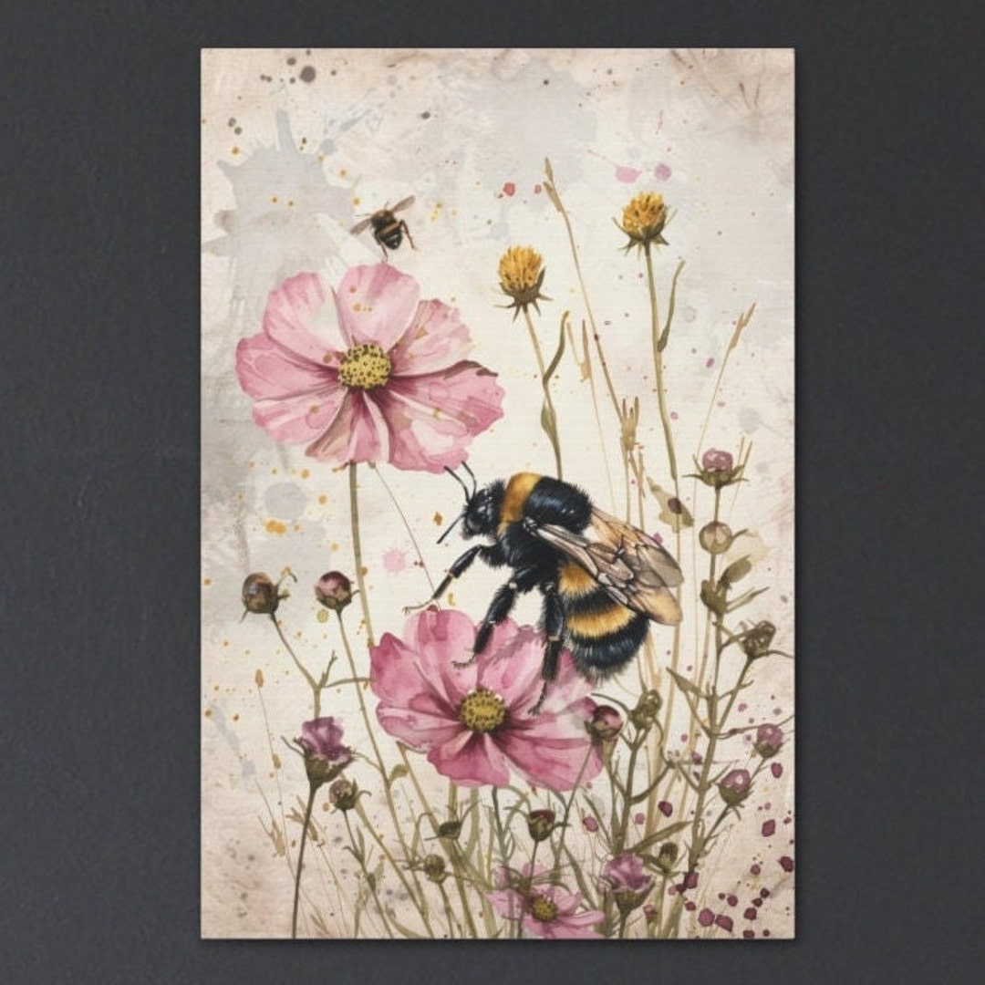Wild Floral and Bees in Vintage Style, Wildflowers With Bees Canvas Art ...