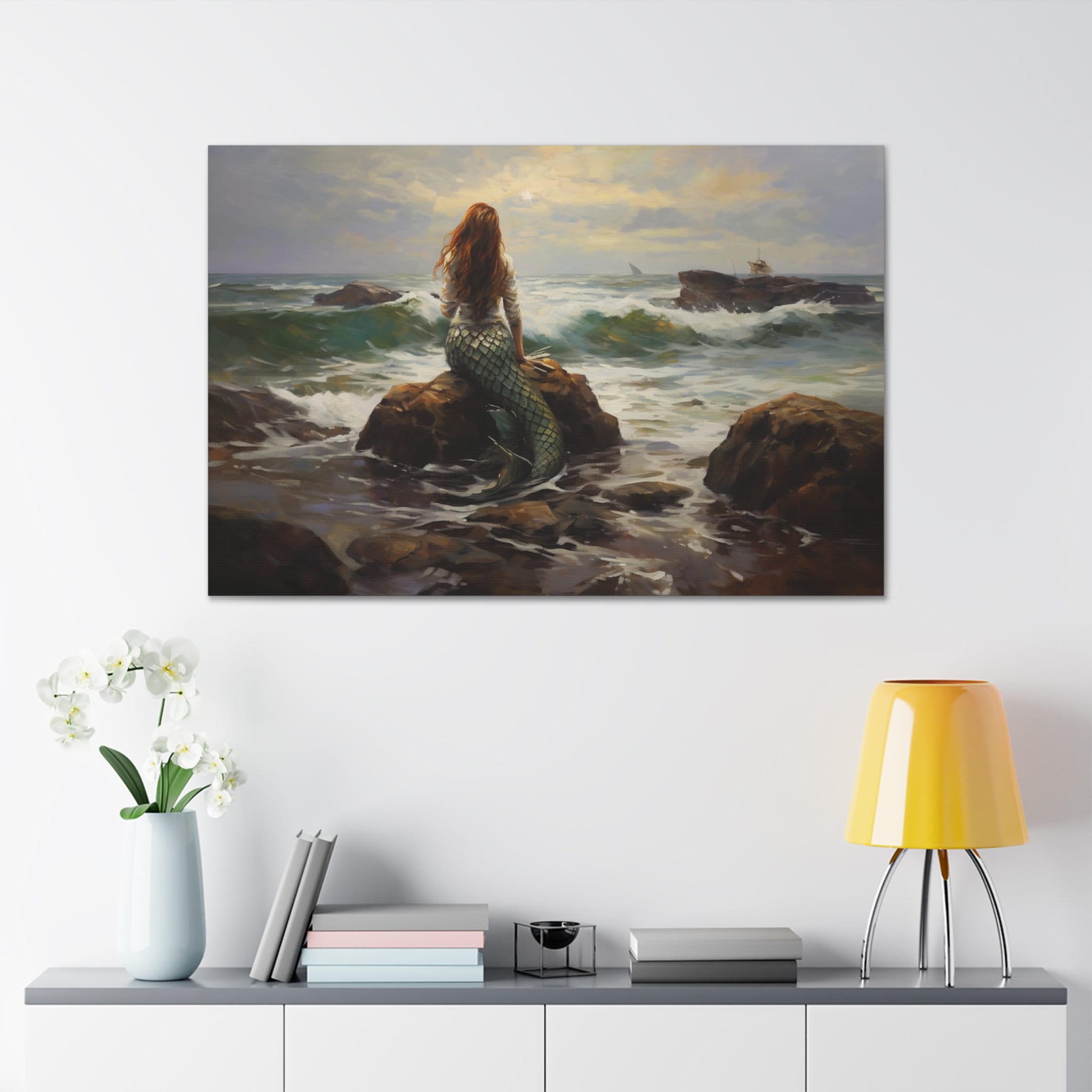 Mermaid on a Seaside Rock Canvas Art Print, Seashore Mermaid Canvas ...