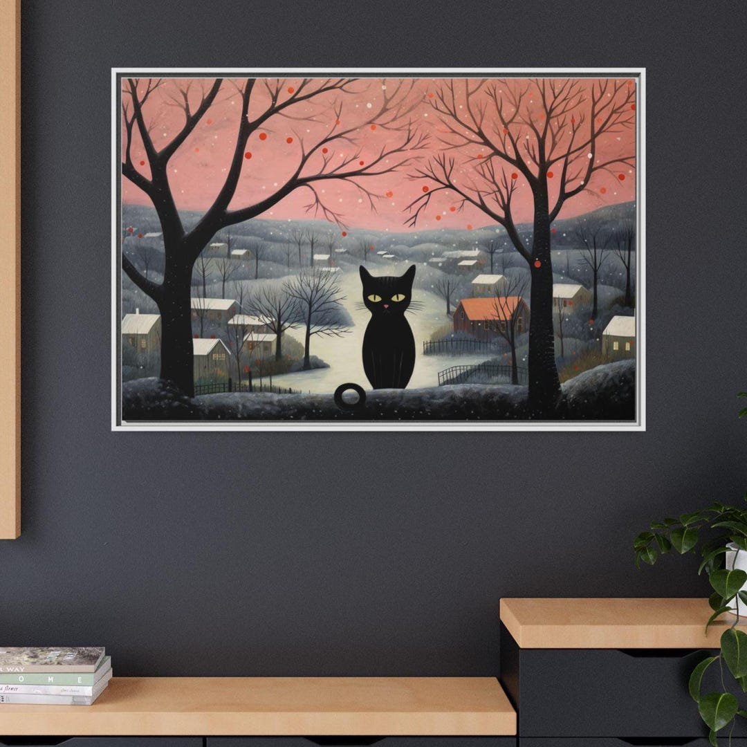Black Cat Snowscape, Minimalist Winter Canvas Wallart, Landscape Black ...