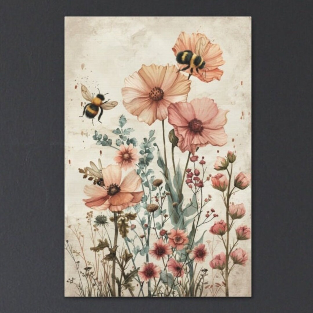 Wild Floral and Bees Canvas Art Print, Wildflowers With Bees Wall Art ...