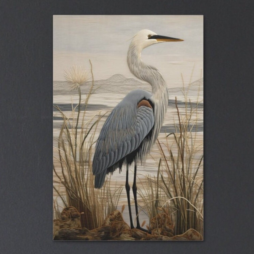 Blue Heron Canvas Art Print in Silkscreen Style, Vintage Heron Painting ...