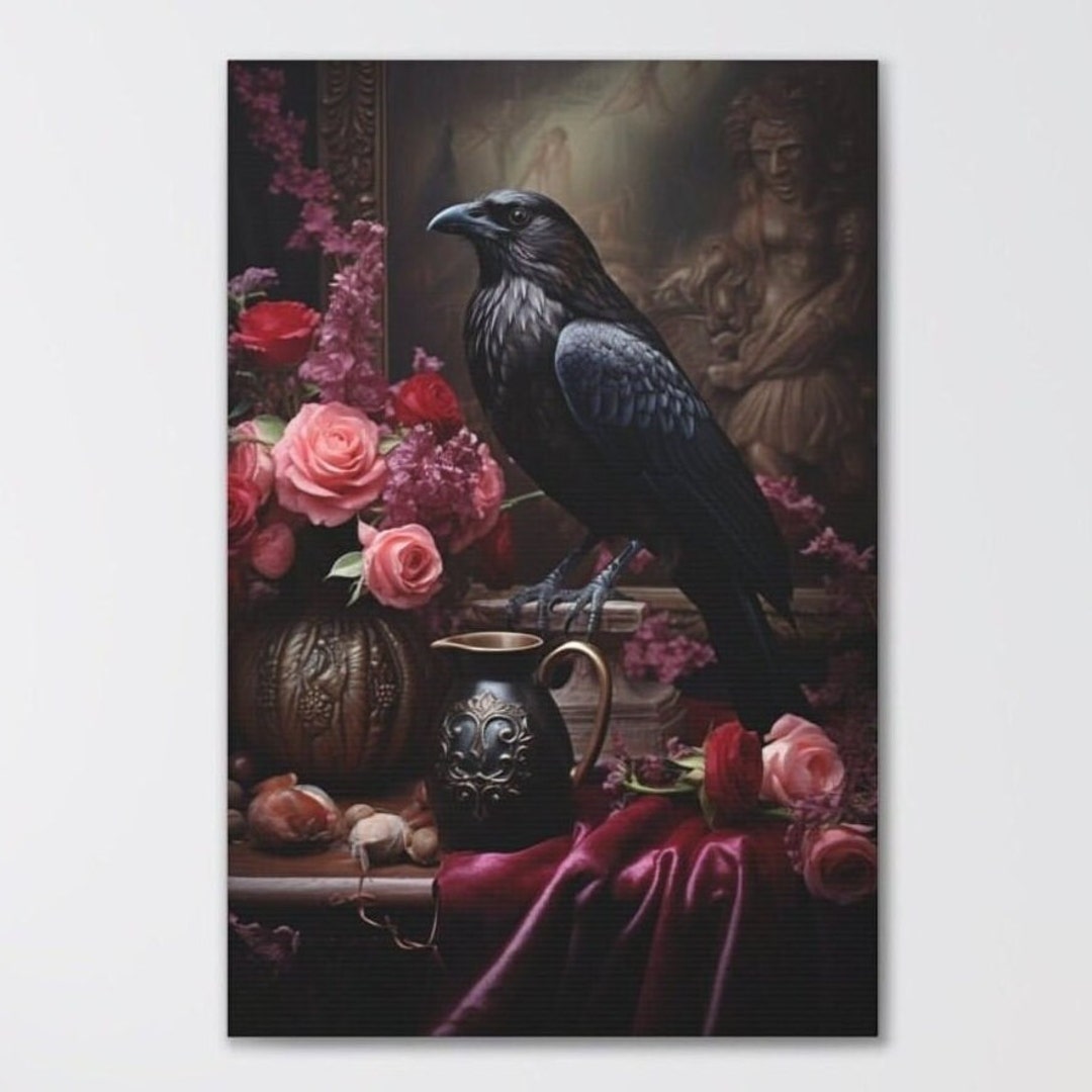 Gothic Style Raven With Flowers Art Print, Mythical Crow Painting ...