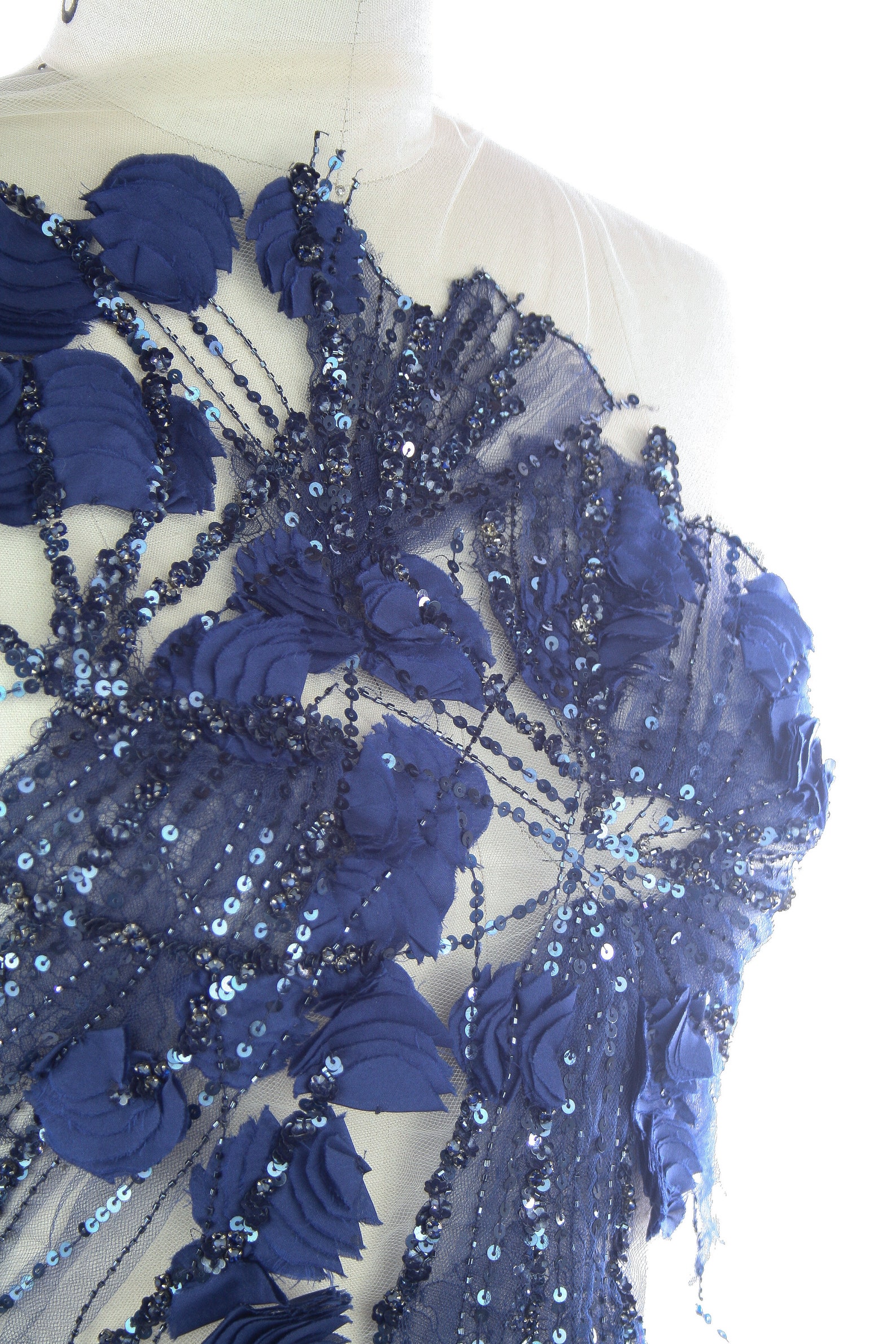 Designer Fabric Blue Crystal Chantilly Lace,hand Beaded Moden Geometric ...