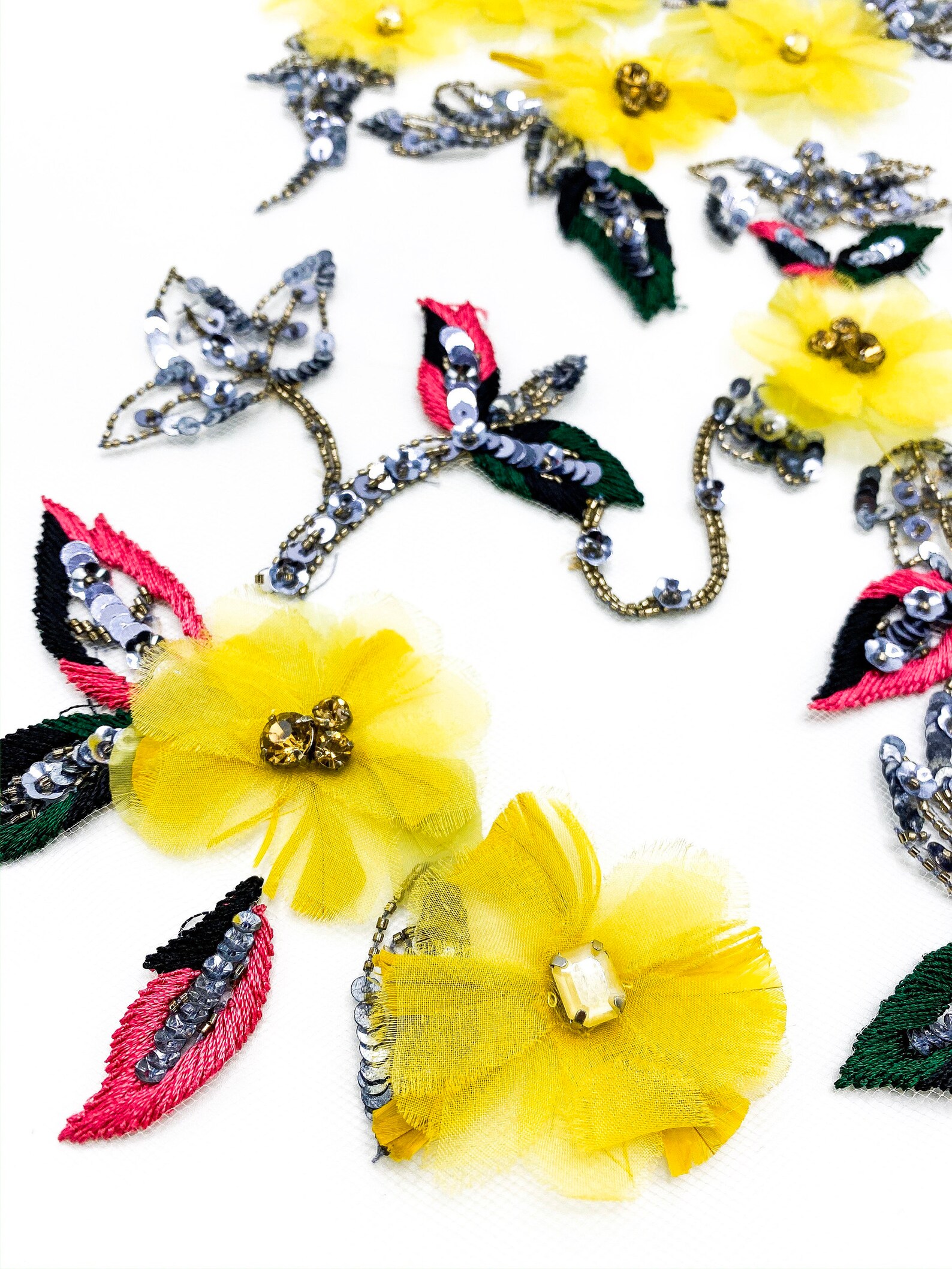 Feather & Flowers Bead Fabric -YELLOW Feather Bead Embroidery, Lace ...