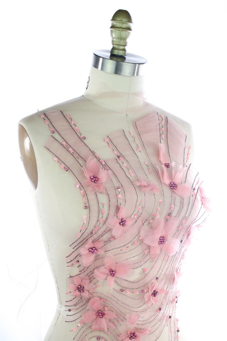 Pink Floral Fabric Hand Beaded Tulle Applique With Pleated Tulle ...
