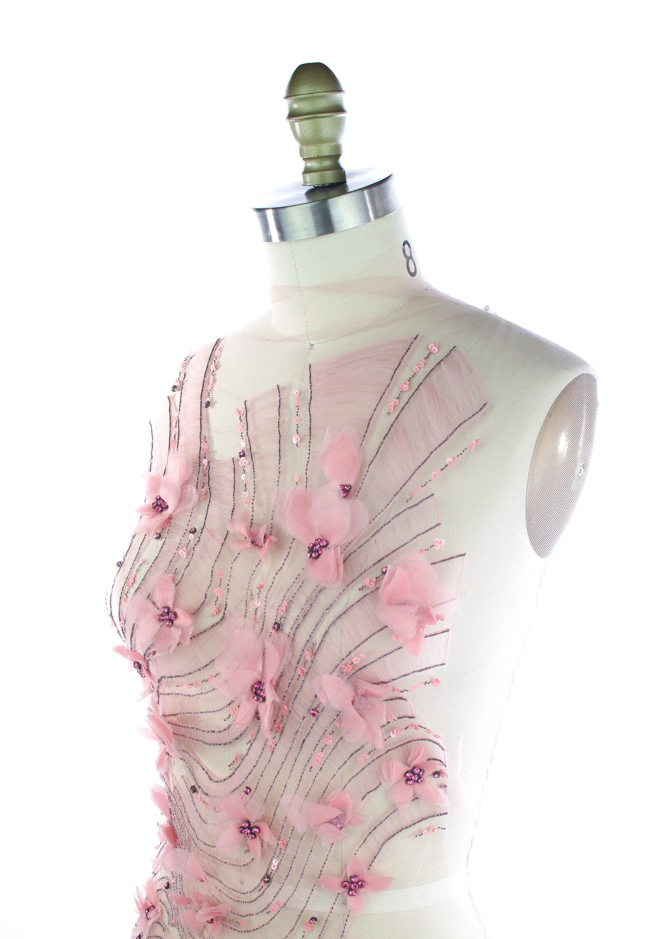 Pink Floral Fabric Hand Beaded Tulle Applique With Pleated Tulle ...