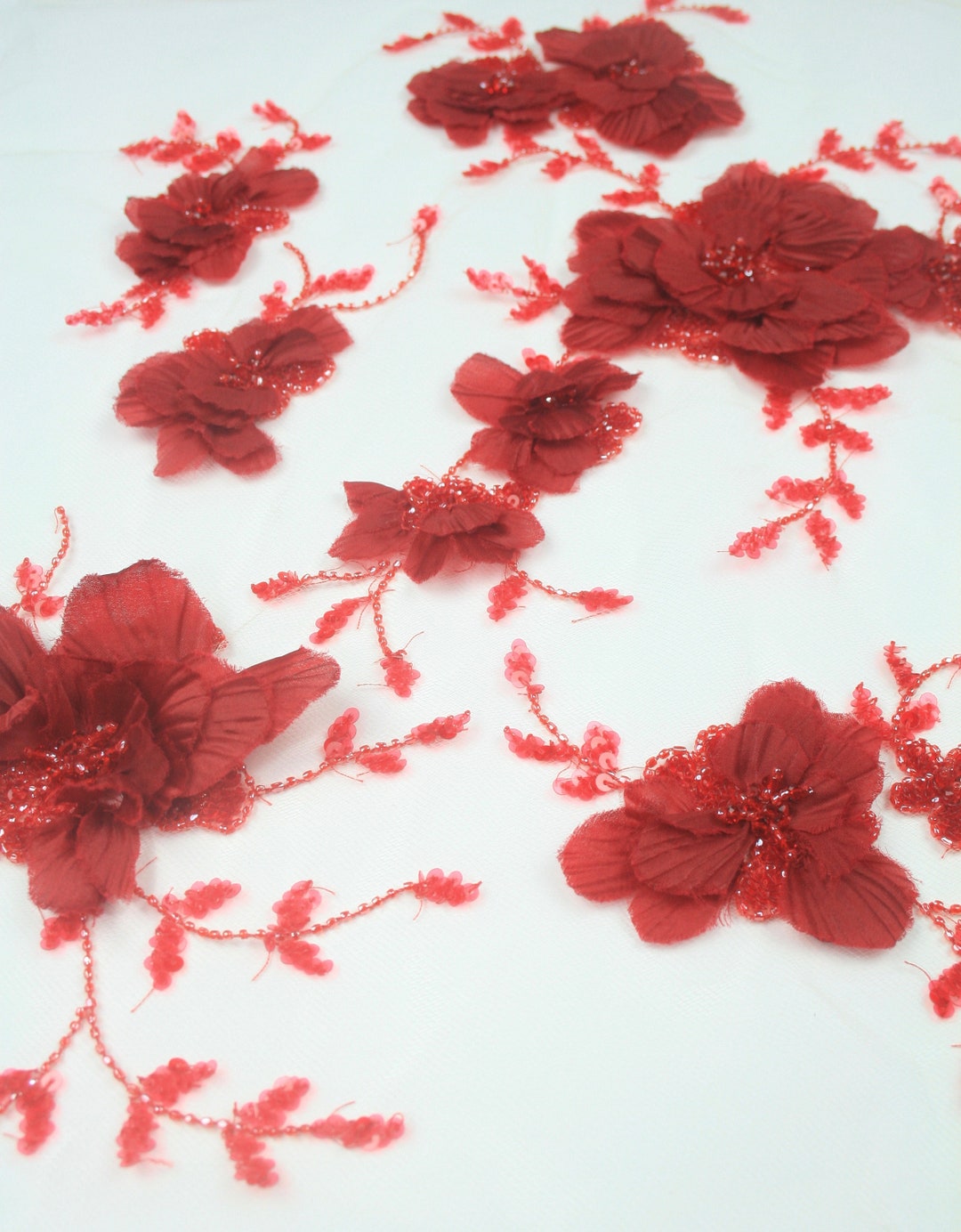 Red Flower Embroidery Beading Panel Used as Beaded Trim, Embroidered ...