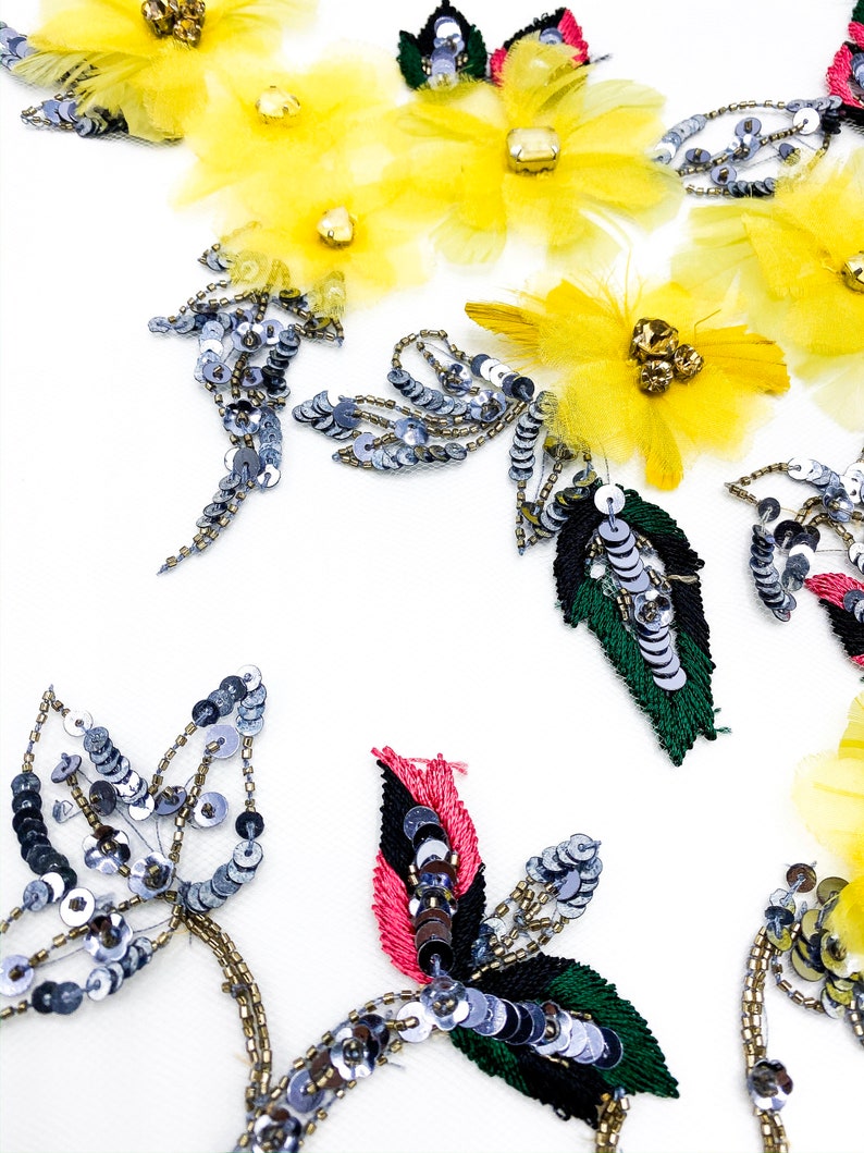 Feather & Flowers Bead Fabric -YELLOW Feather Bead Embroidery, Lace ...