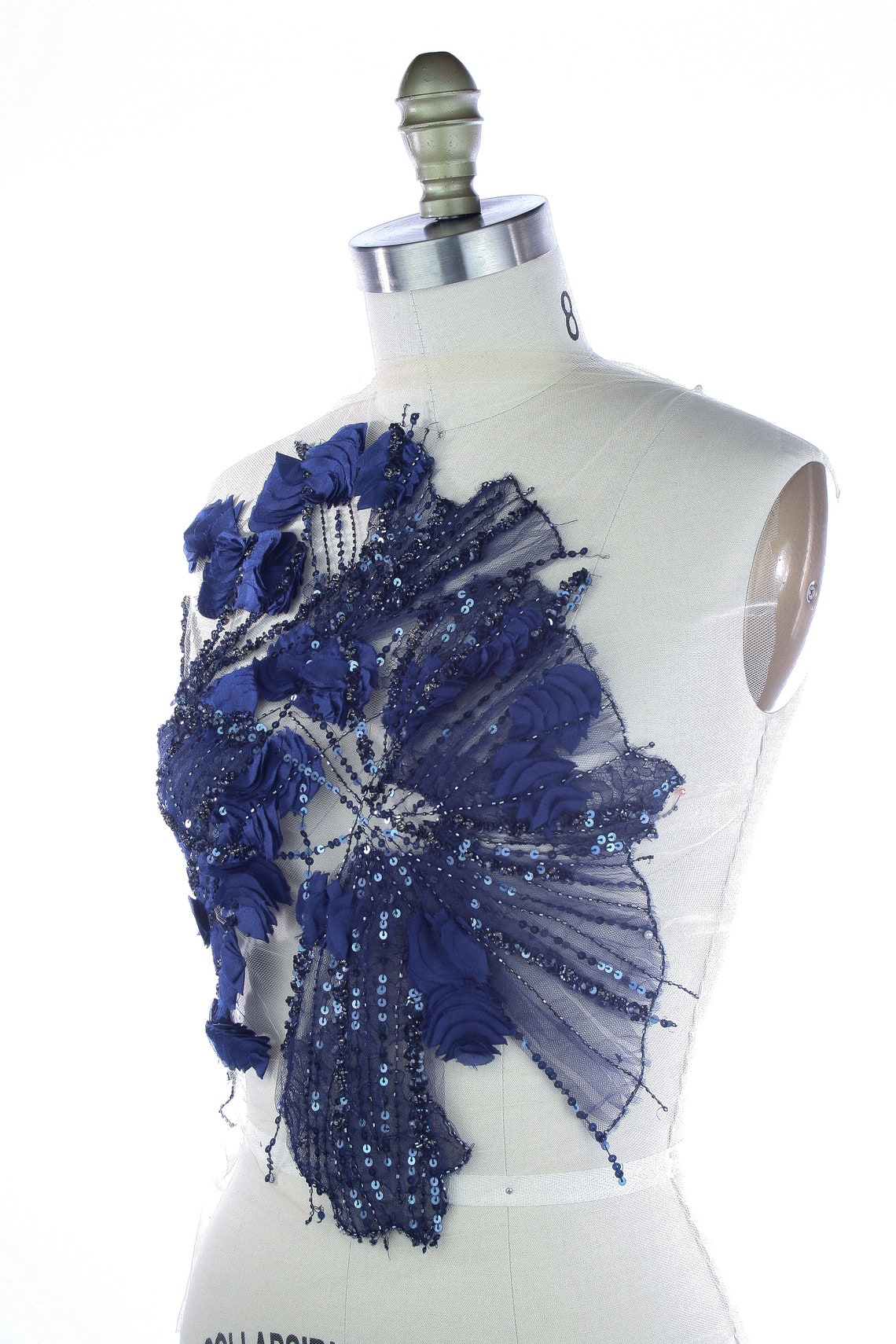 Designer Fabric Blue Crystal Chantilly Lace,hand Beaded Moden Geometric ...