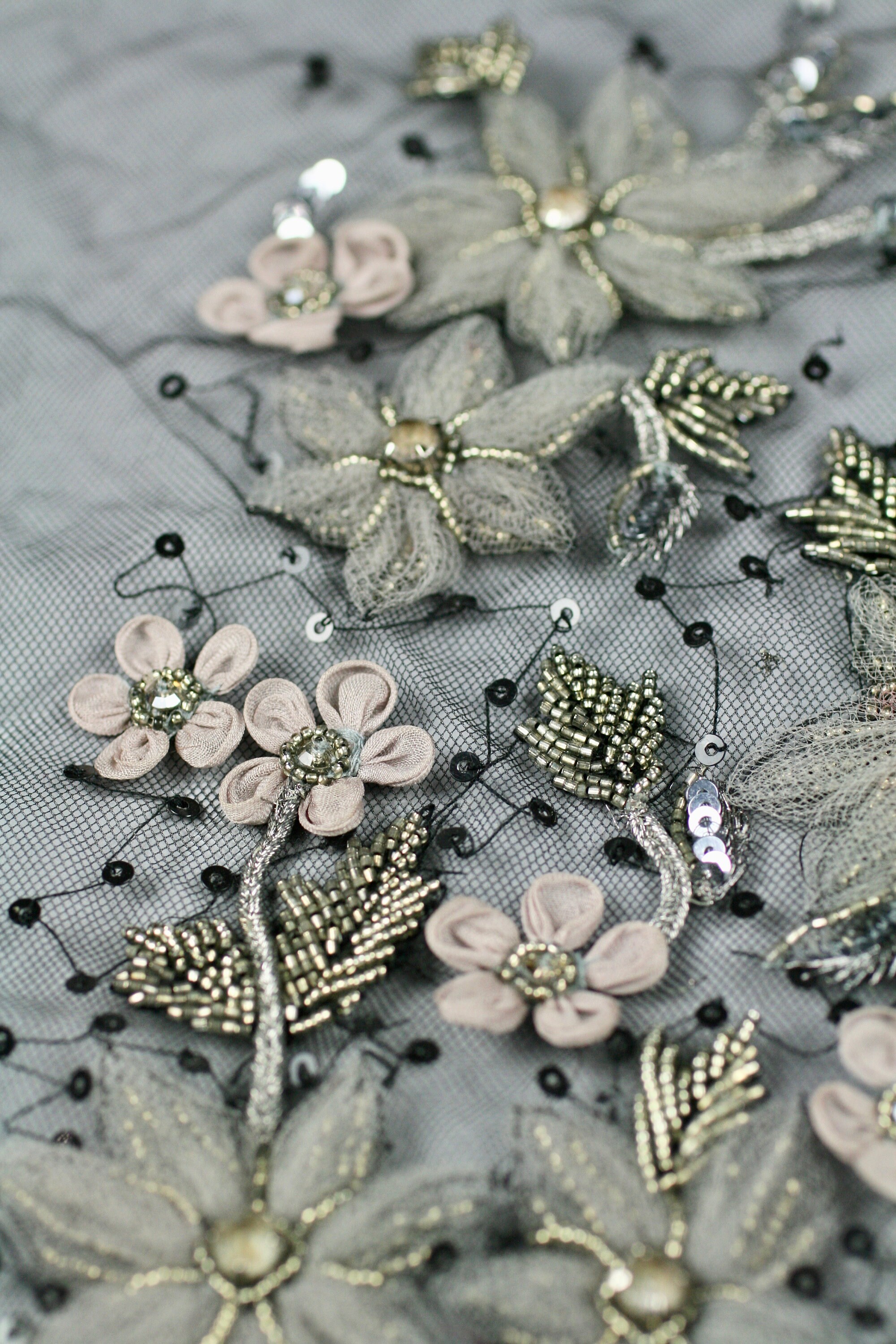 Beaded Trim Applique With Light Gray,platinum and Silver Delicate 3d ...