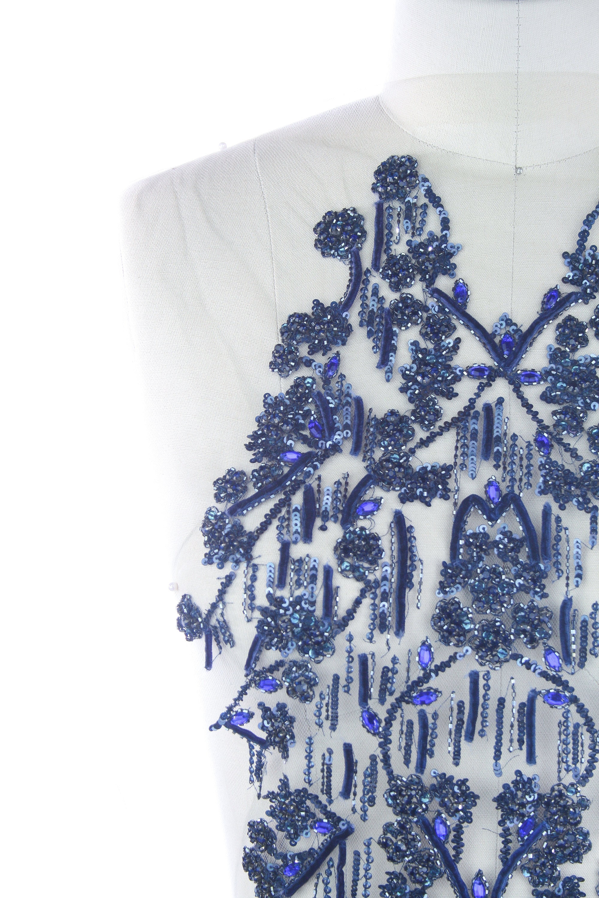 Blue beaded fabric with blue rhinestoneshaute couture | Etsy