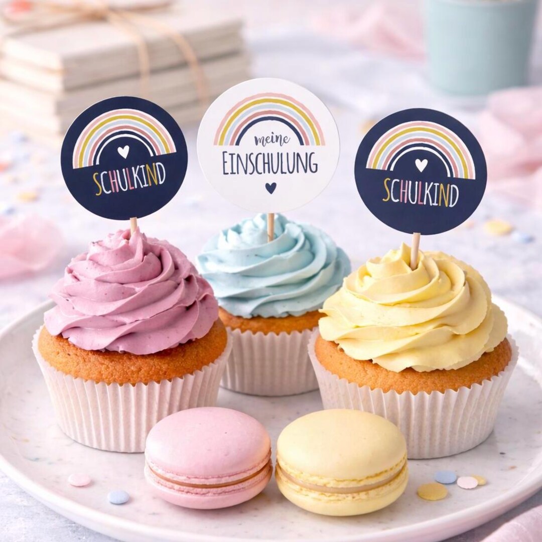 Decorative Cupcake Toppers, Set of 12, Round, Rainbow Design, for First ...