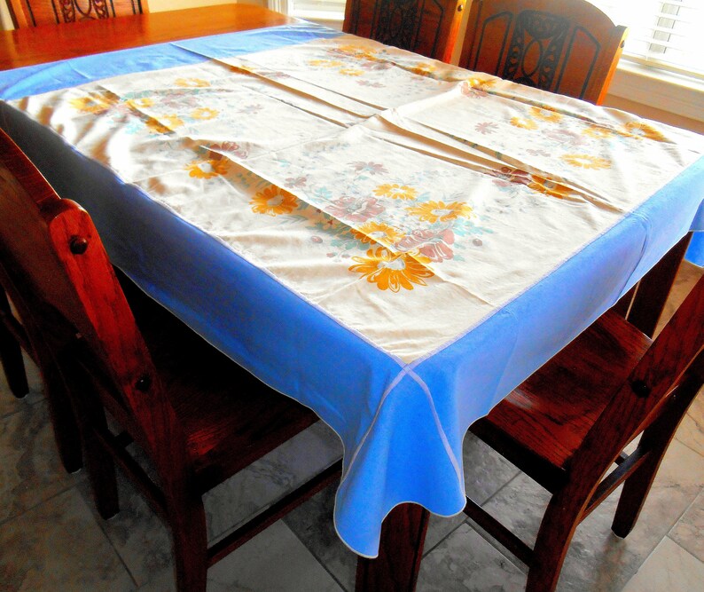 Vintage Tablecloth With Wide Blue Border and Pattern of Muted Flowers ...