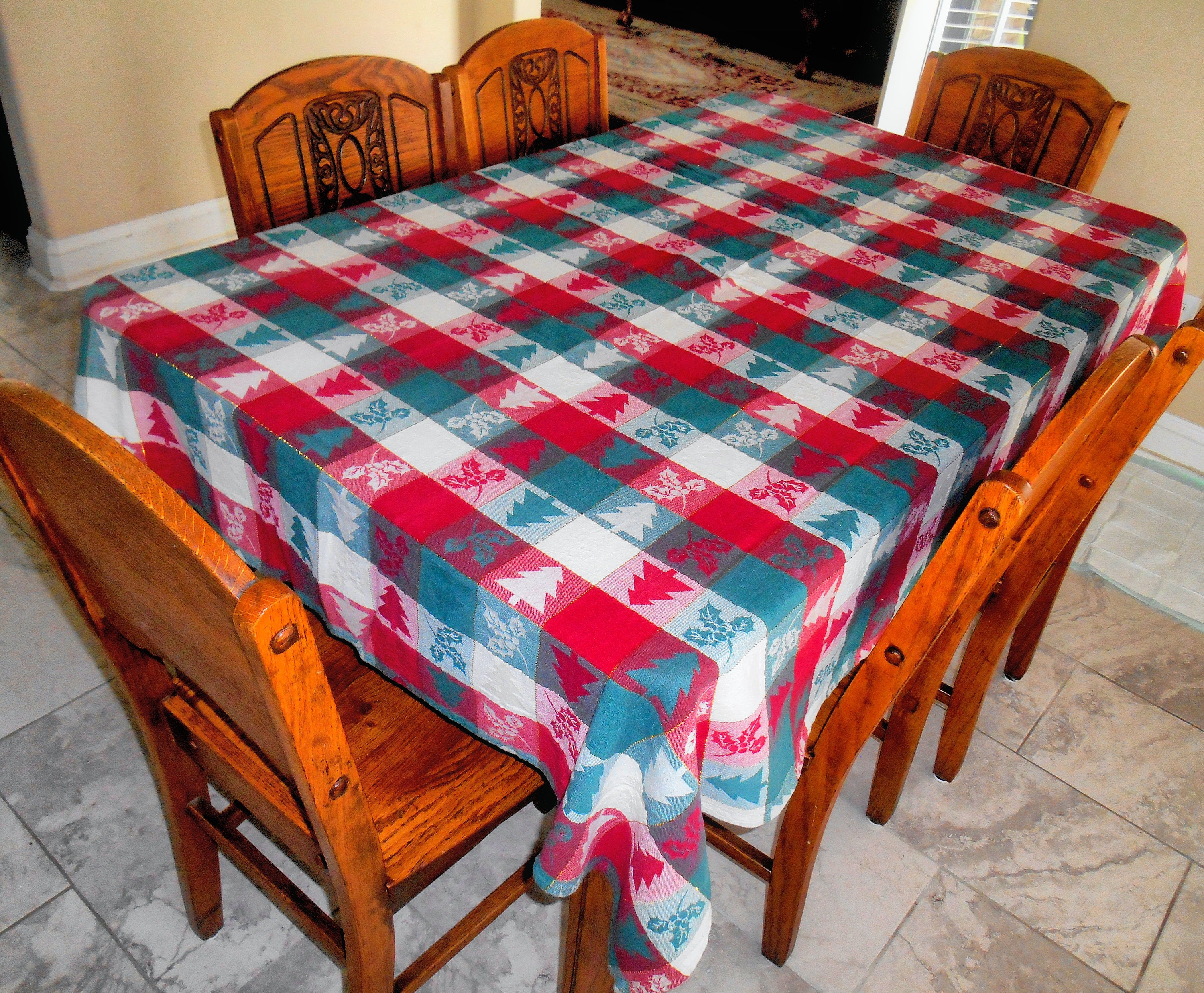 Christmas Tree and Holly Tablecloth Done in Red, Green and White ...