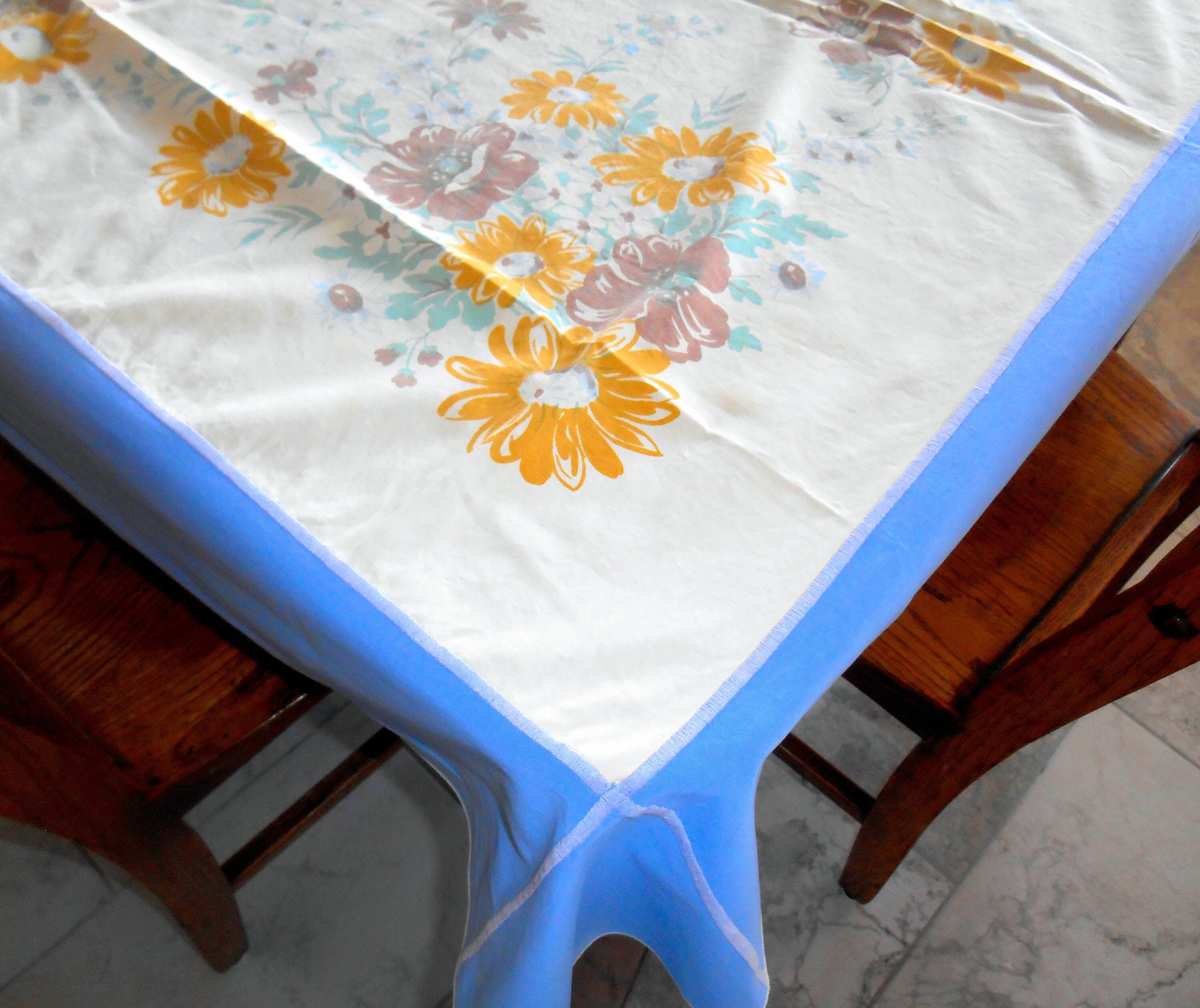 Vintage Tablecloth With Wide Blue Border and Pattern of Muted Flowers ...