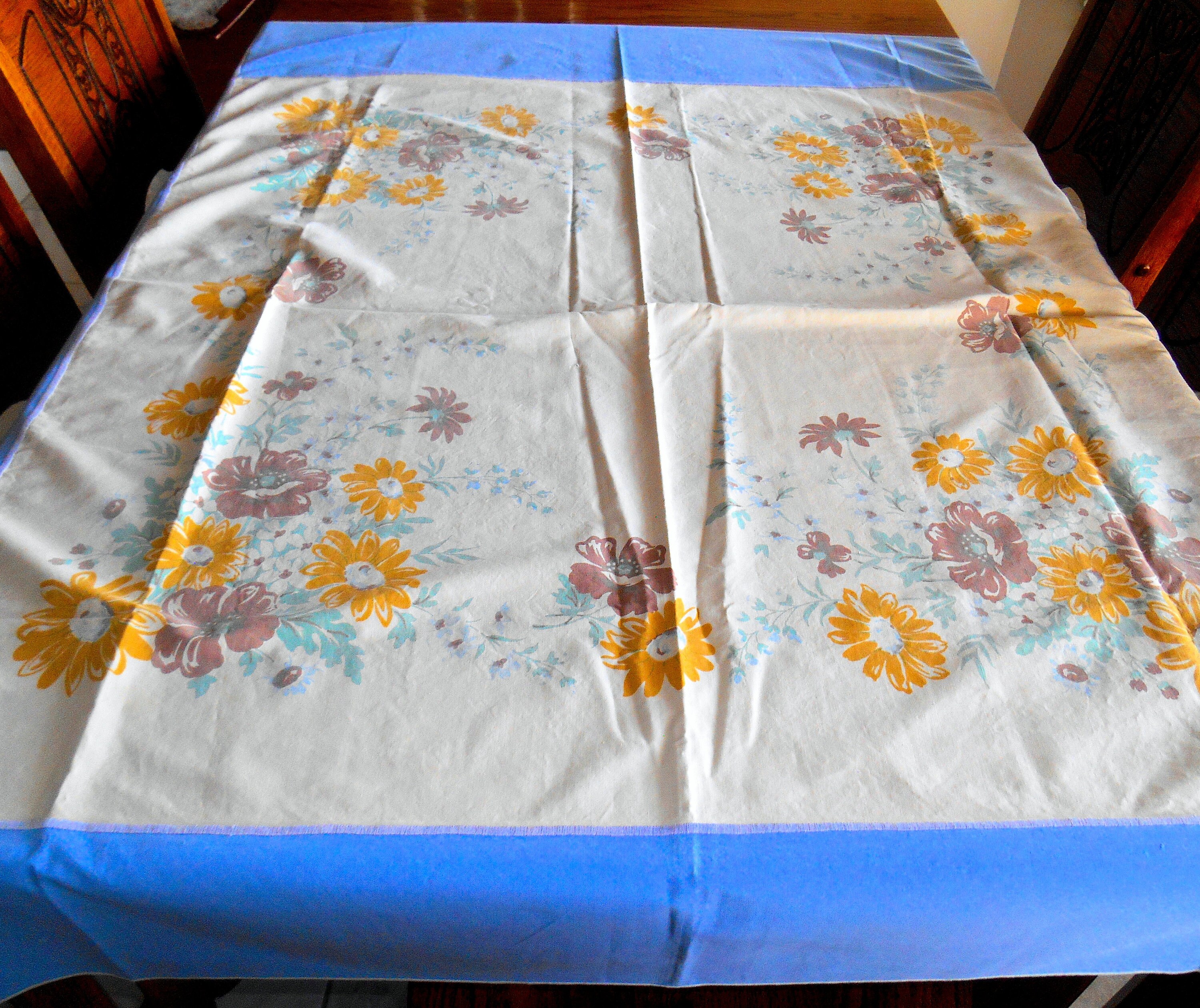 Vintage Tablecloth With Wide Blue Border and Pattern of Muted Flowers ...
