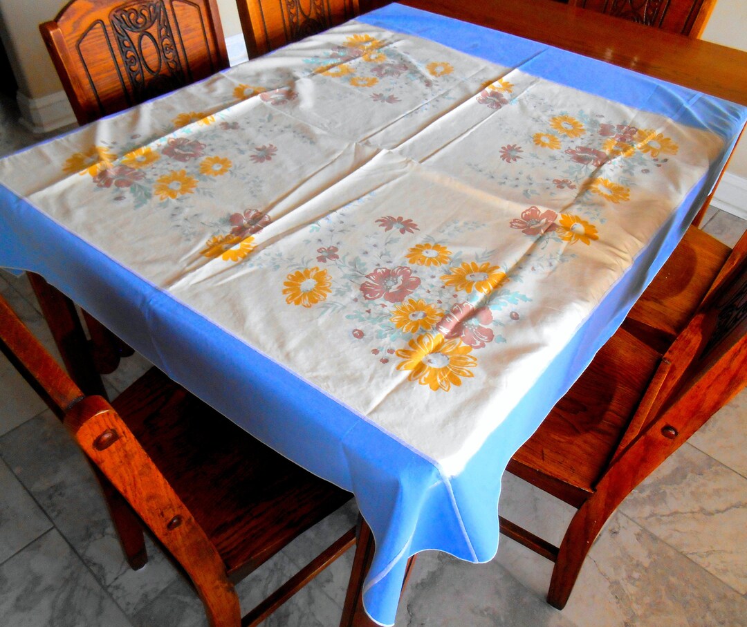Vintage Tablecloth With Wide Blue Border and Pattern of Muted Flowers ...