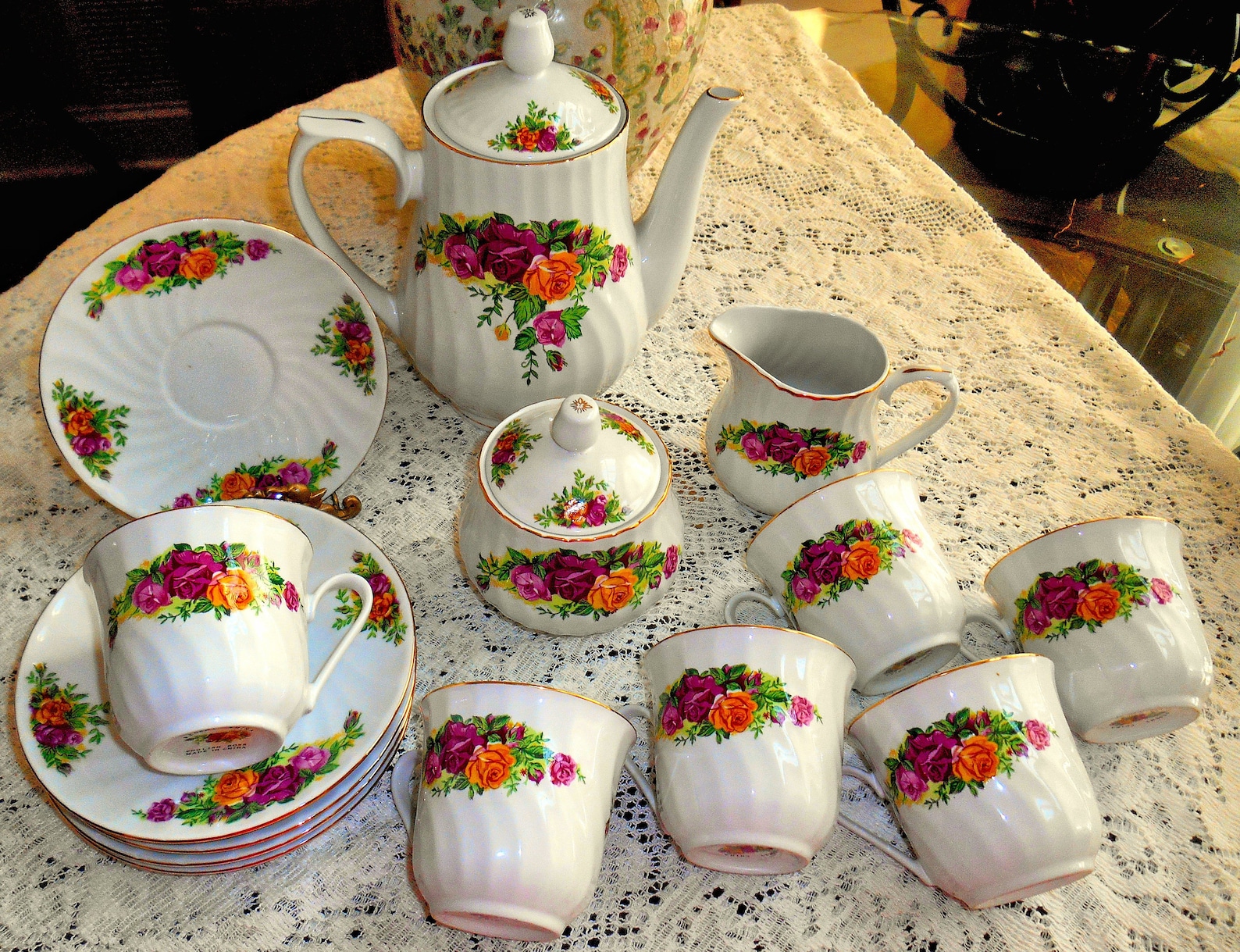 Vintage English Rose China Teapot Set for Six Beautiful Roses . Gold ...