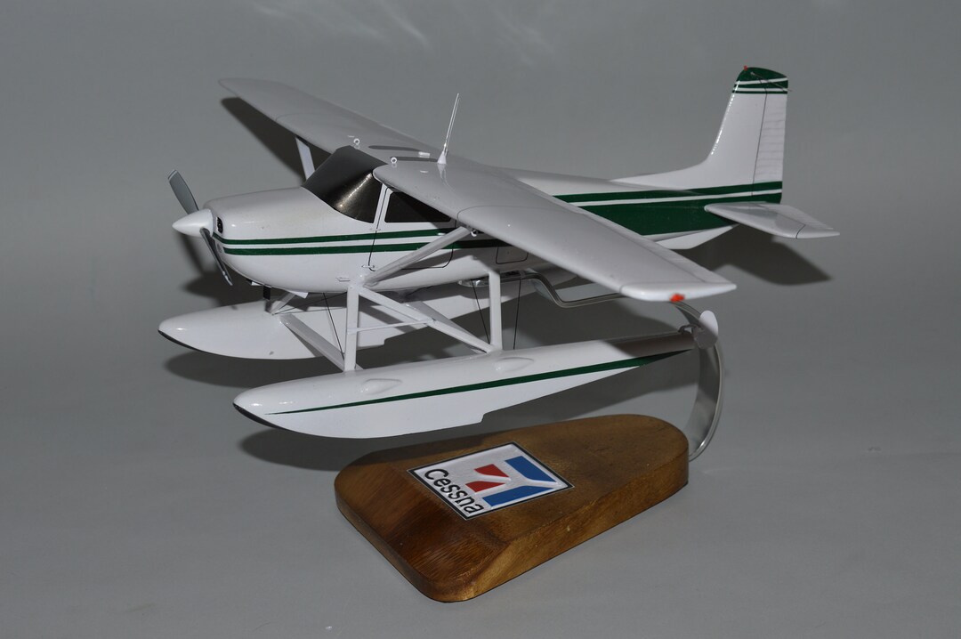 Cessna 180 Skywagon Floatplane Airplane Model Hand Carved Mahogany Wood Replica Desktop Display ...