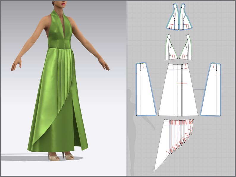 Green Evening Dress/pleated Pattern DXF/PDF for Clo3d/ai - Etsy