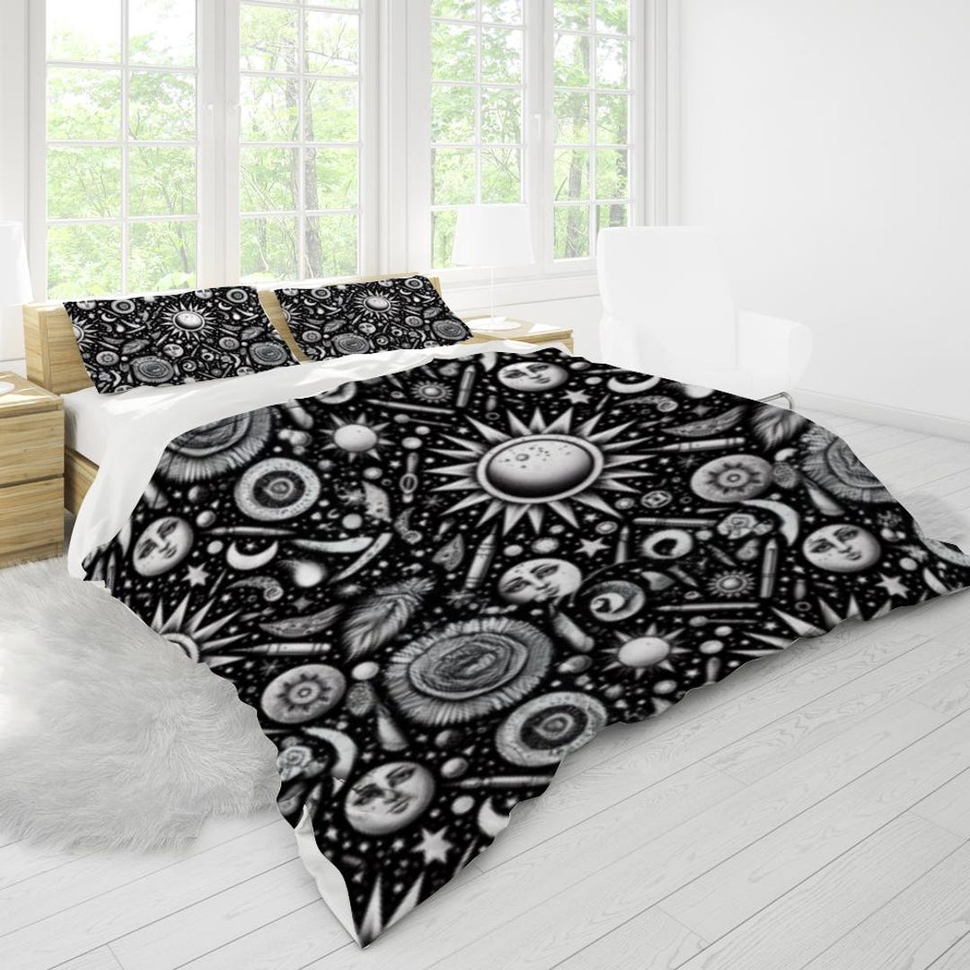3D Black and White Celestial Moon Duvet Cover Set Modern Astrology ...