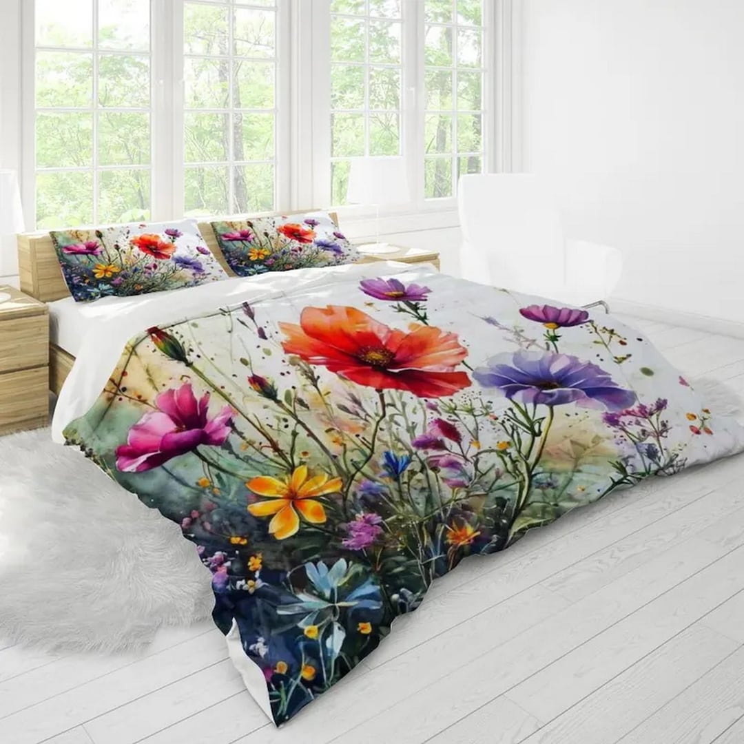 Colorful Wildflower Bedding Set - Watercolor Floral Duvet Cover & Quilt ...