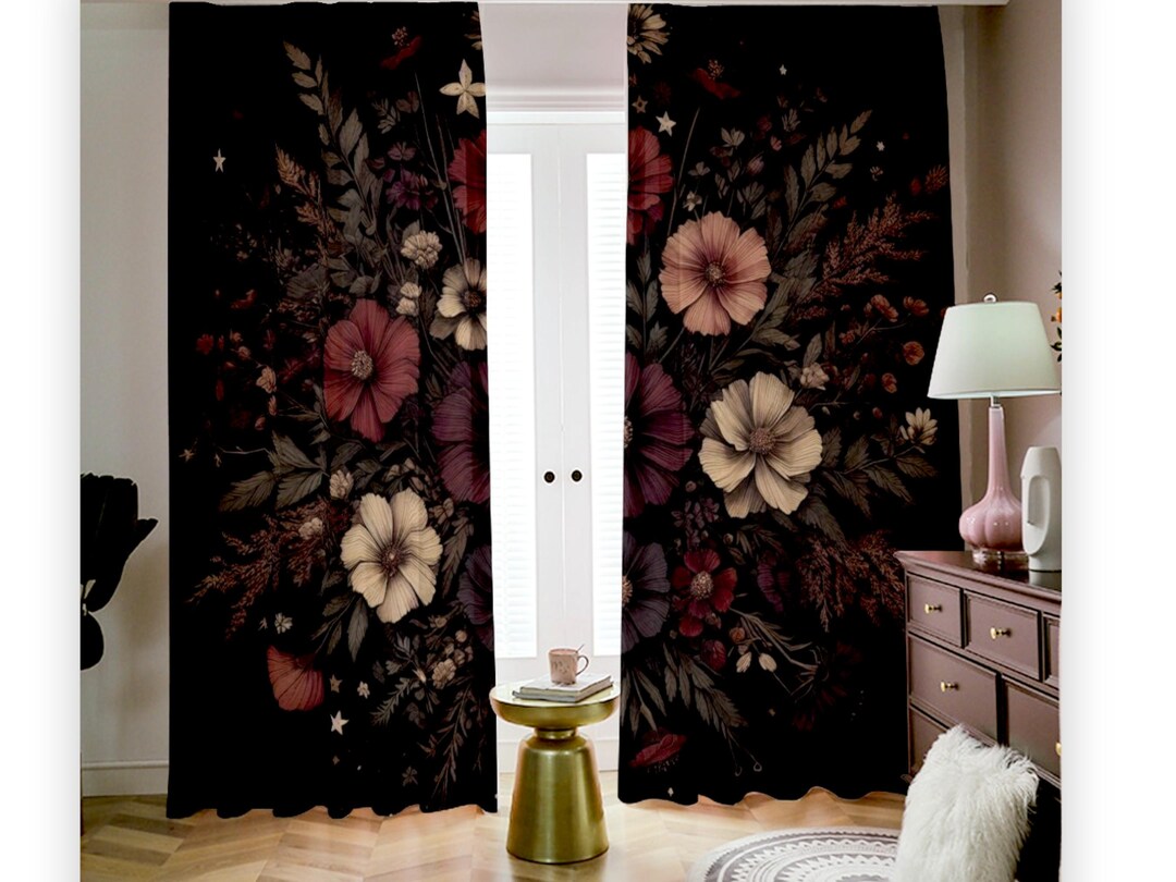 Dark Academia Wildflower Curtains, Blackout Curtains, Dark Cottagecore ...