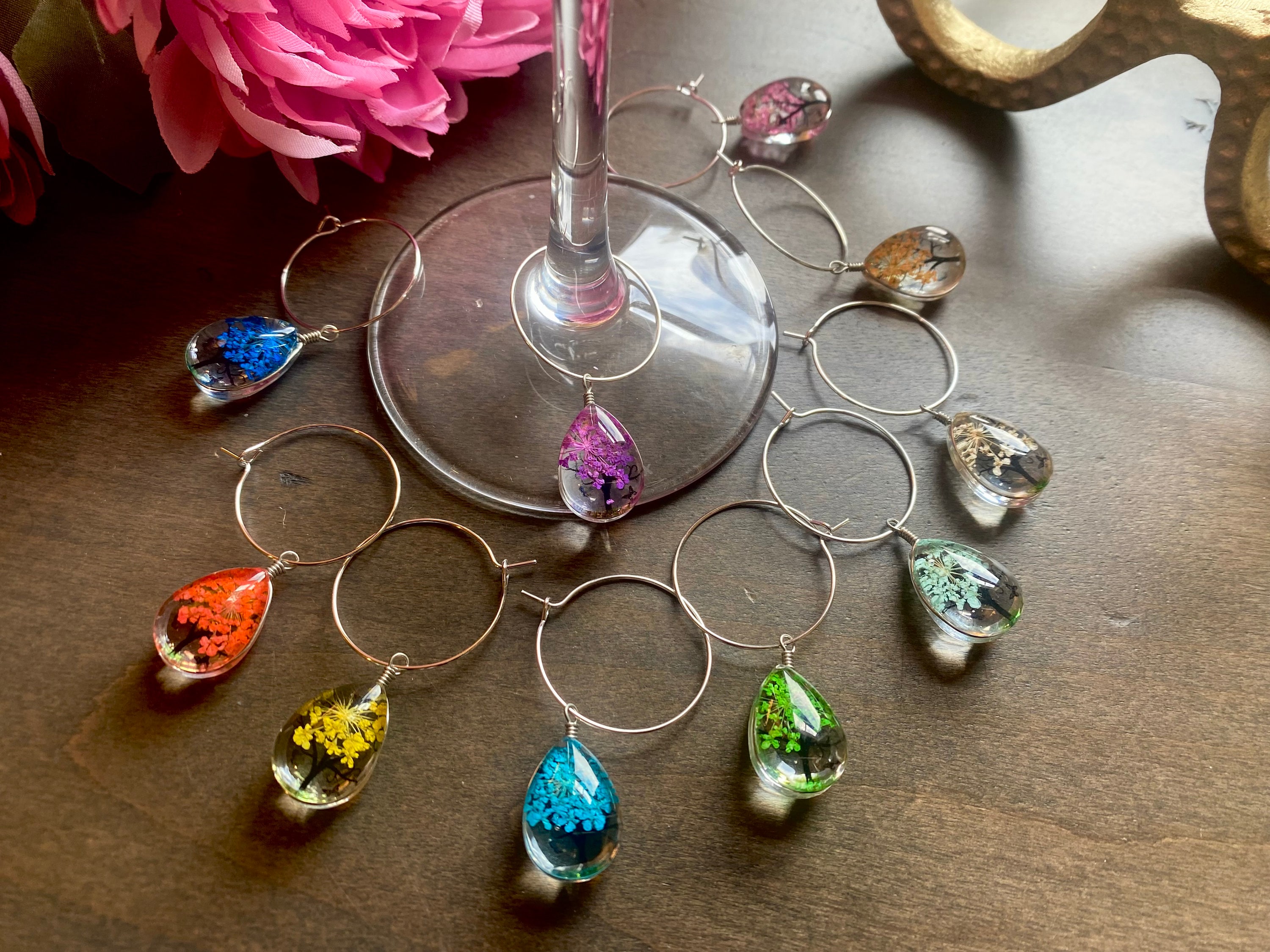 Dried Flower Glass Wine Charm Set With Storage Bag (10 Pieces)-wine ...