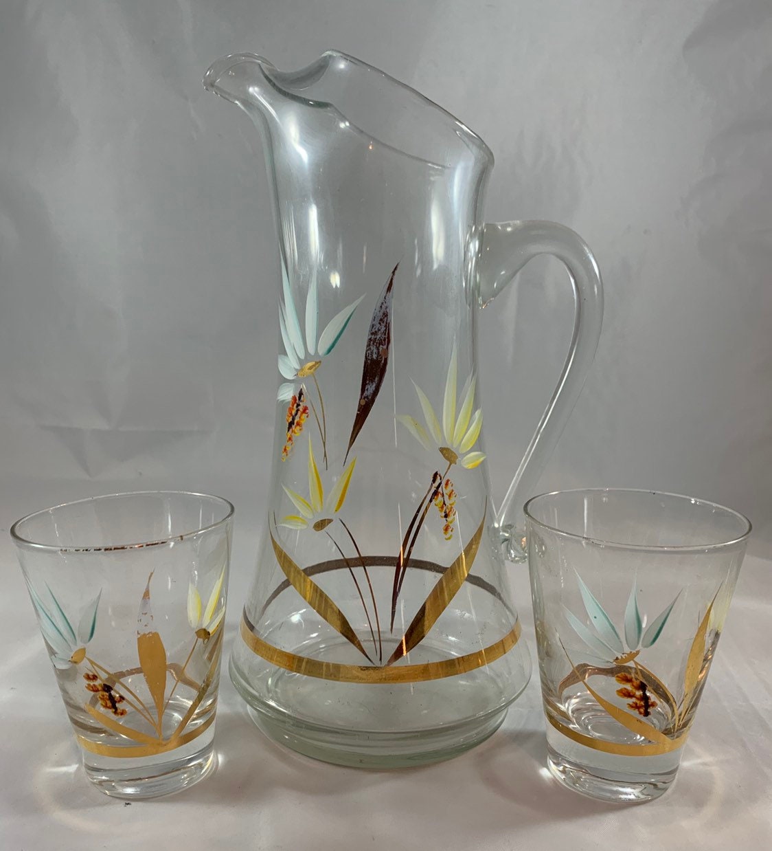 Vintage Hand Painted 22Kt Gold Pitcher and Two Juice Glasses | Etsy