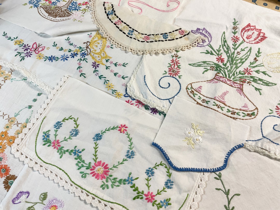 Colorful Vintage Linen Embroidery, Fabric Scraps and Pieces | Slow ...