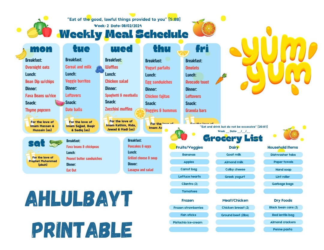 Ahlulbayt Inspired Food Schedule Printable, Food Schedule, Grocery List ...